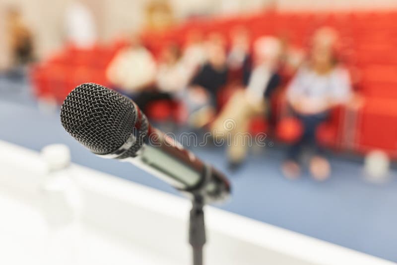 Black Microphone at Podium at Conference in Convention Center Stock ...