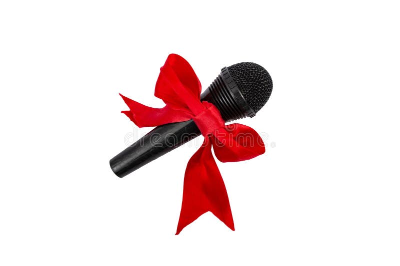 Black Microphone with Red Satin Ribbon Bow on White Background, Festive ...