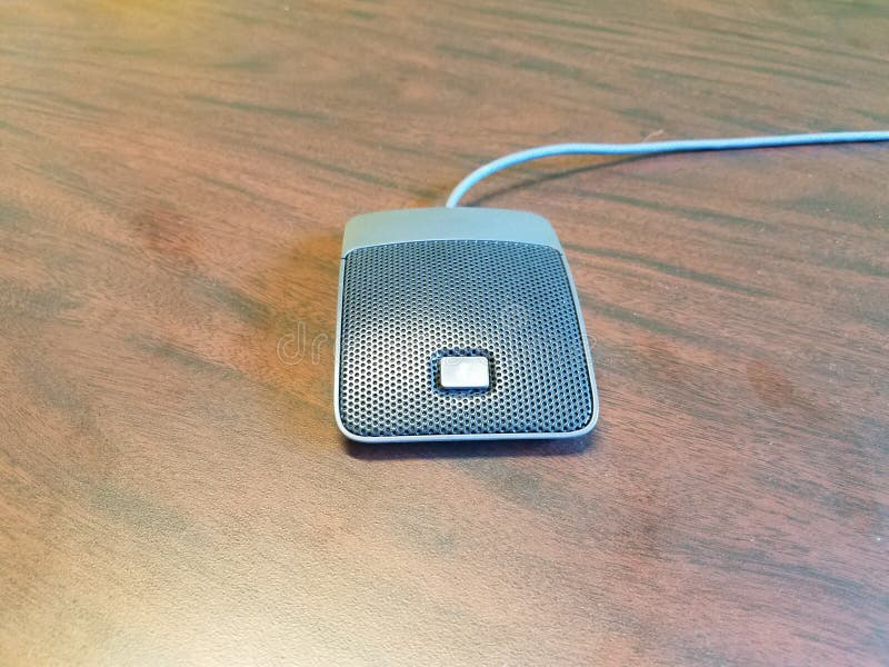 Black Microphone with Wire on Wood Table Stock Image - Image of speaker ...