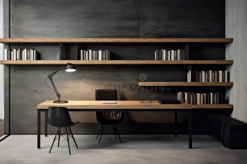 Black Minimalist Workplace Room, Bookshelf, Wooden and Gray Concrete ... Black Minimalist Workplace Room, Bookshelf, Wooden and Gray Concrete ...