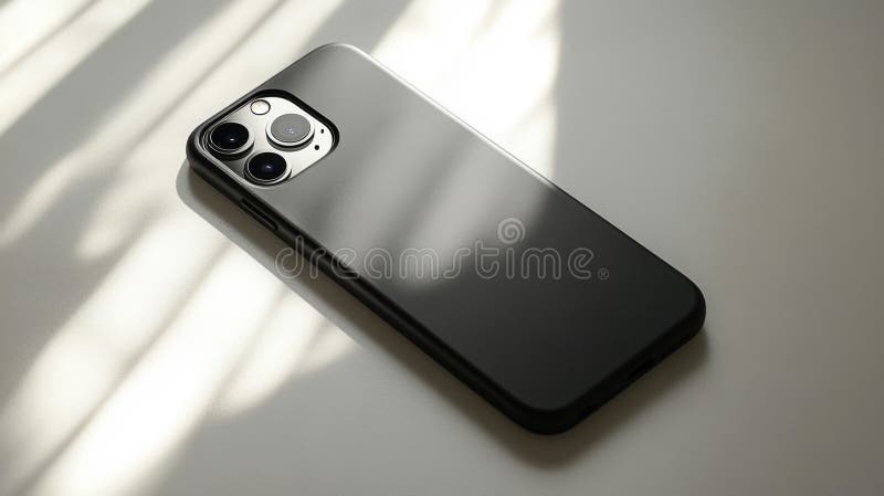 Black Mobile Phone with Camera Lenses on White Surface with Shadow ...
