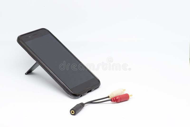 Black Mobile Phone and Red and White Rca Cable with Jack Plug Stock ...
