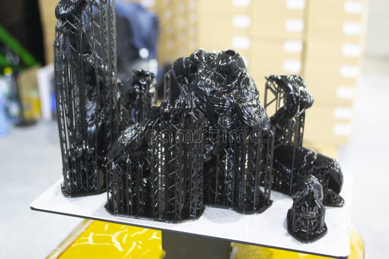 Black Model with Supports Printed on 3D Printer Close-up. Part of ...