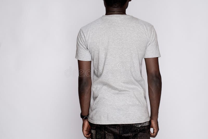 A Black Model Wearing a Plain Grey T-shirt Back View Stock Photo ...