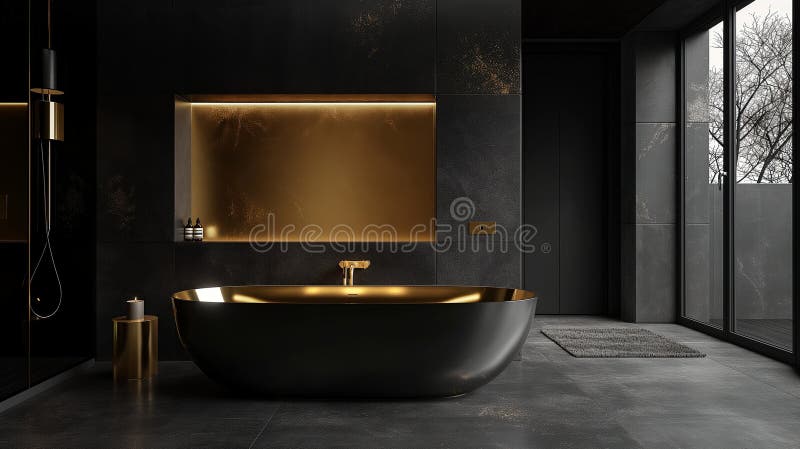 Black Modern Bathroom with Gold Bath, Luxury Interior, Black and Gold ...
