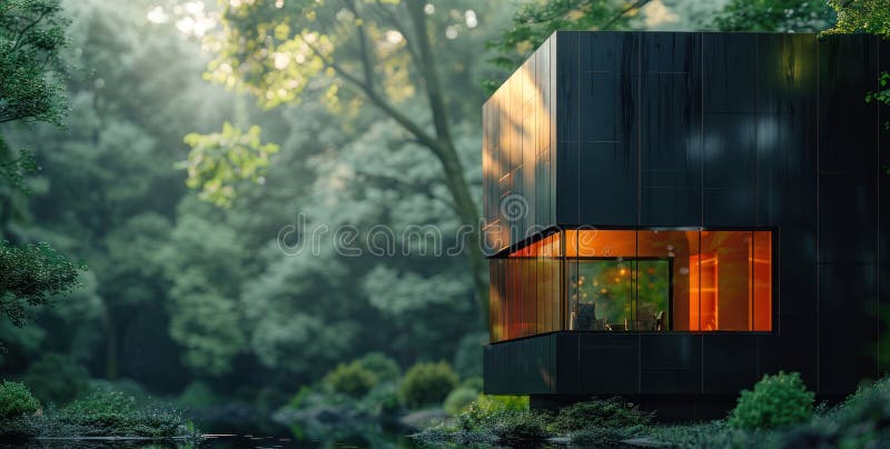 A Black Modern Cabin in the Forest Stock Photo - Image of architecture ...