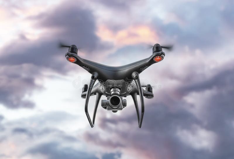 A Black Modern Drone Flies in the Sky. Stock Image - Image of ...