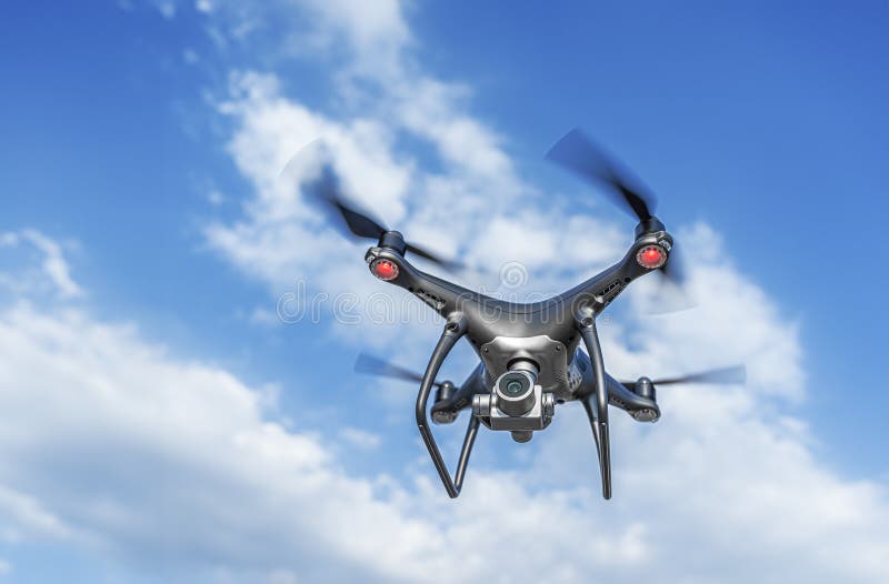 A Black Modern Drone Flies in the Sky. Stock Image - Image of digital ...