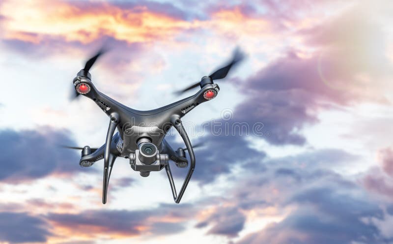 A Black Modern Drone Flies in the Sky. Stock Image - Image of control ...