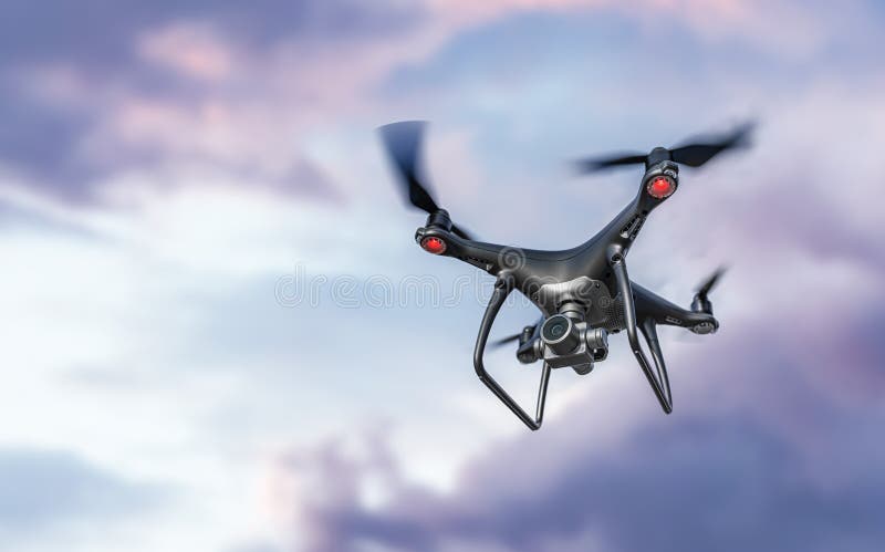 A Black Modern Drone Flies in the Sky. Stock Photo - Image of control ...