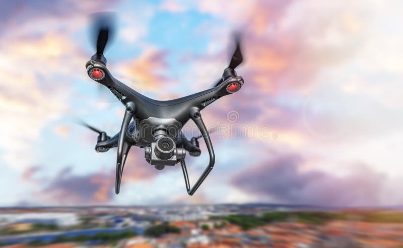 A Black Modern Drone Flies in the Sky. Stock Photo - Image of ...