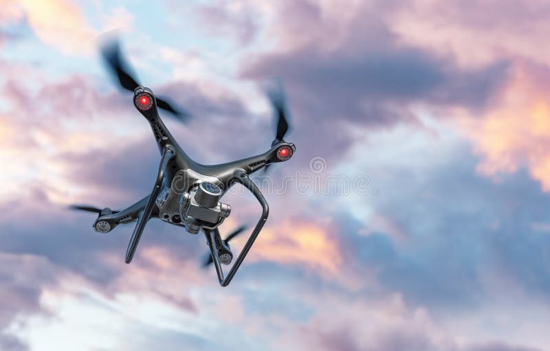 A Modern Drone with a Camera Flies in the Blue Sky. Generated by ...
