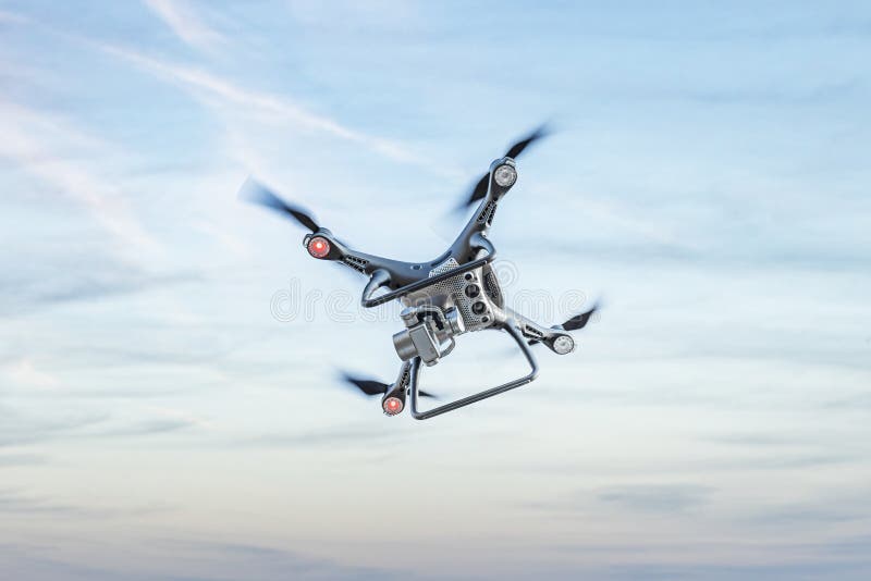 A Modern Drone with a Camera Flies in the Blue Sky. Generated by ...