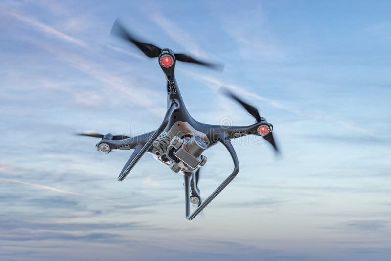 A Modern Drone with a Camera Flies in the Blue Sky. Generated by ...