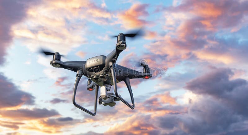 A Black Modern Drone Flies in the Sky. Stock Image - Image of camera ...