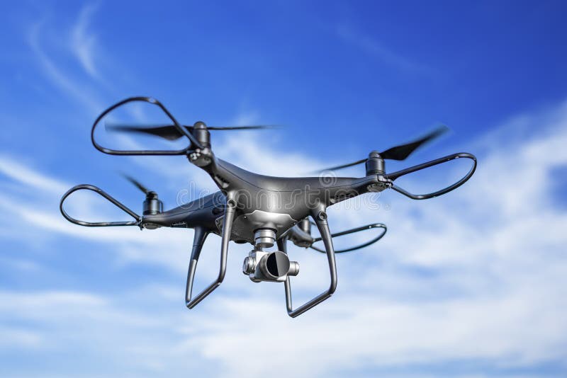A Black Modern Drone Flies in the Sky. Stock Photo - Image of equipment ...