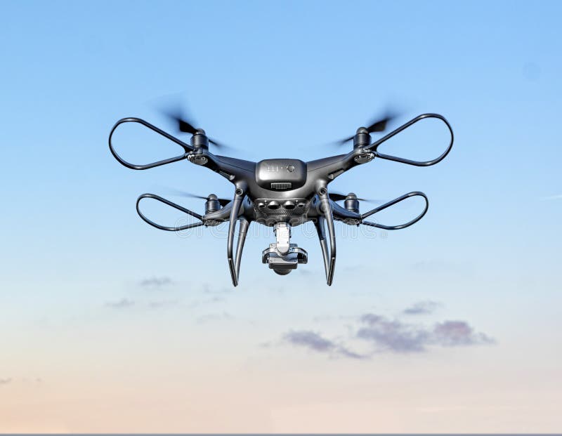 A Black Modern Drone Flies in the Sky. Stock Photo - Image of control ...