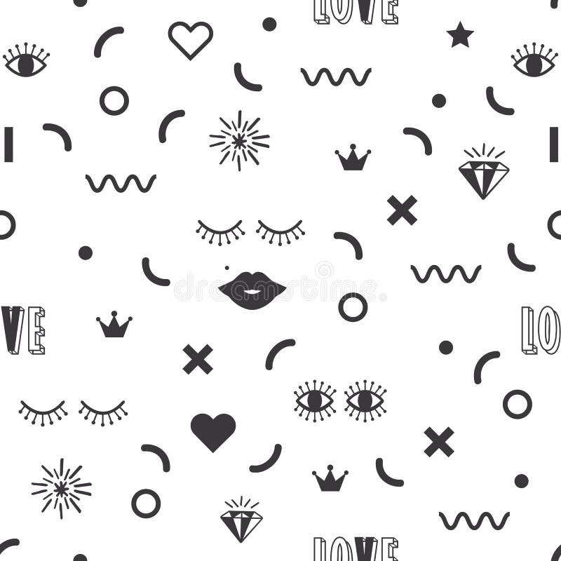 Black Modern Geometrical and Fun Symbol Icons Pattern on White ...