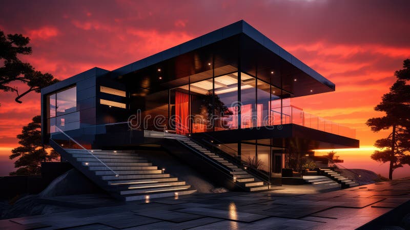 Black modern house sunset stock illustration. Illustration of beauty ...
