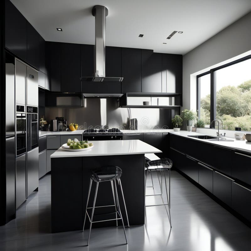 Black Modern Kitchen in a House with a Beautiful Design. Generative Ai ...