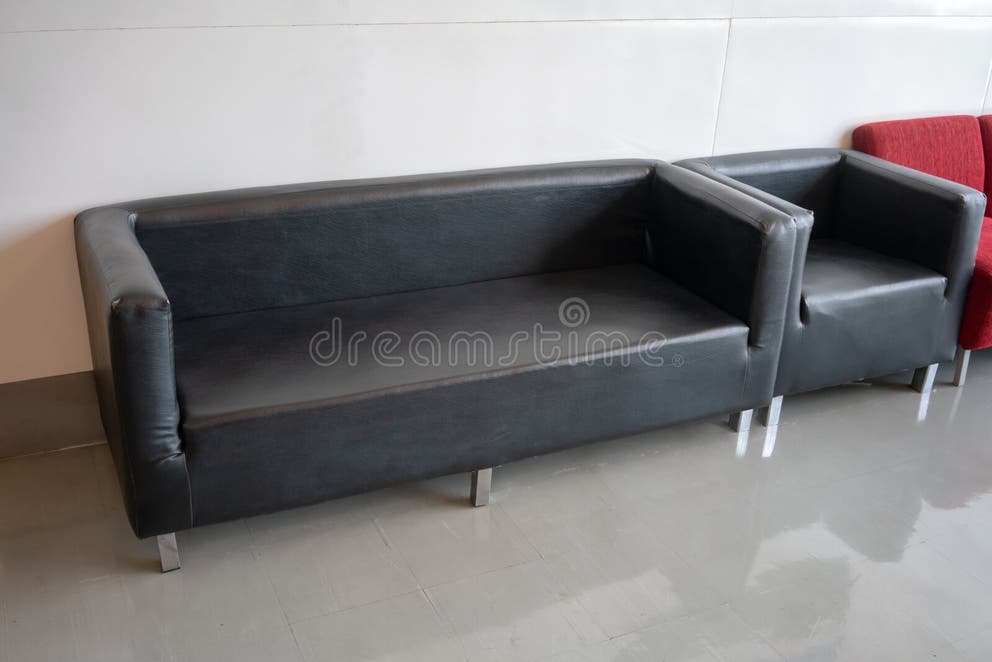 Black Modern Leather Sofa in Resting Area Stock Image - Image of shape ...