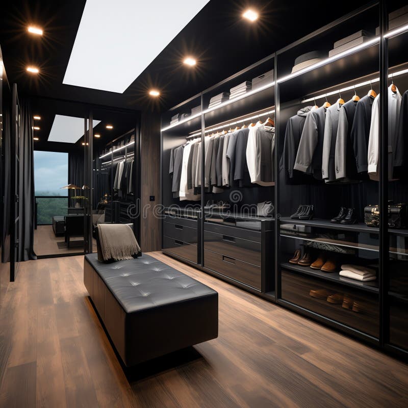 Black Modern Walk in Closet of Gentle Man, Beautiful Design Stock ...
