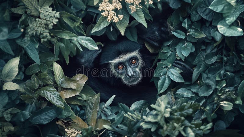 Black Monkey Hidden in Lush Green Tropical Foliage Stock Illustration ...