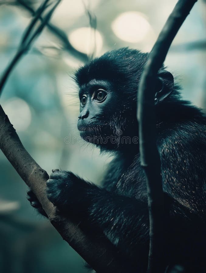 A Black Monkey Sits on a Tree Branch, Looking Around Stock Image ...