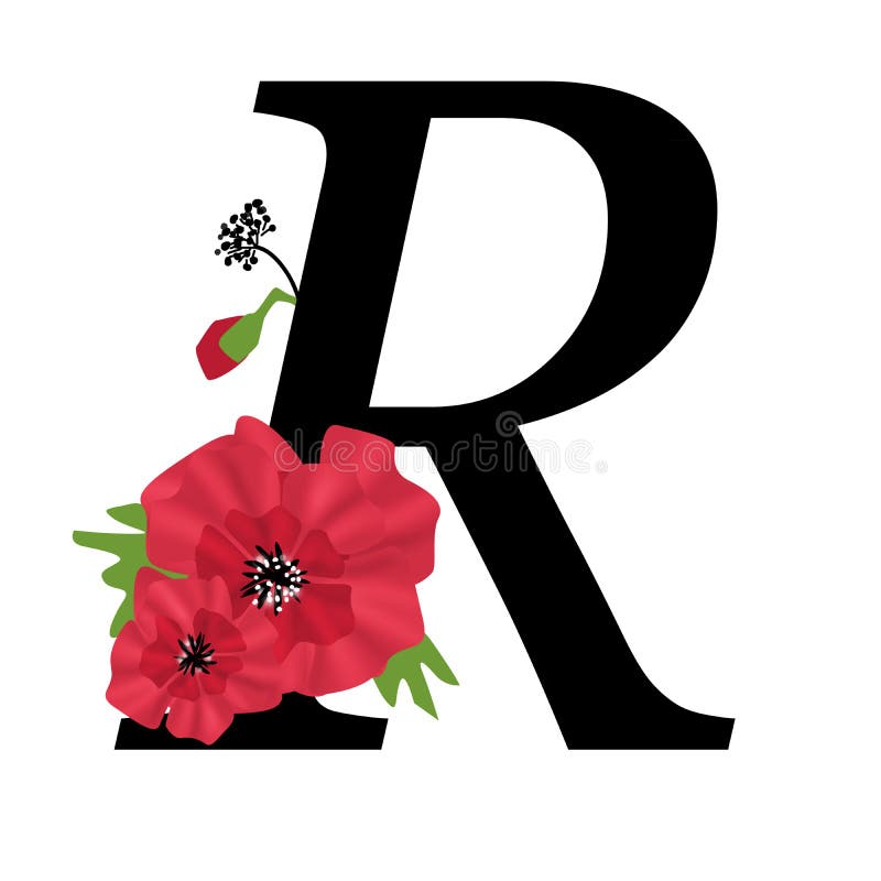 Black Monogram Letter R with Red Flowers Stock Illustration ...