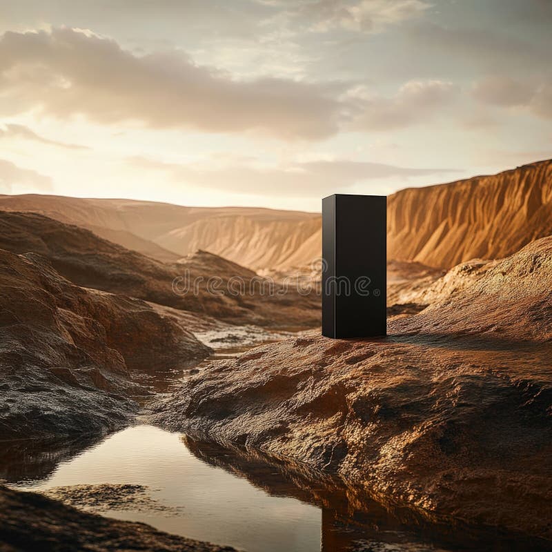 Black Monolith in Arid Landscape at Sunset Stock Image - Image of ...