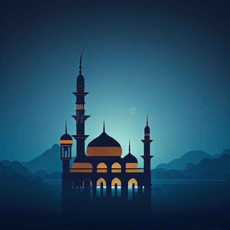 A Dark Mosque Silhouette with a Moon in Blue Background Stock ...