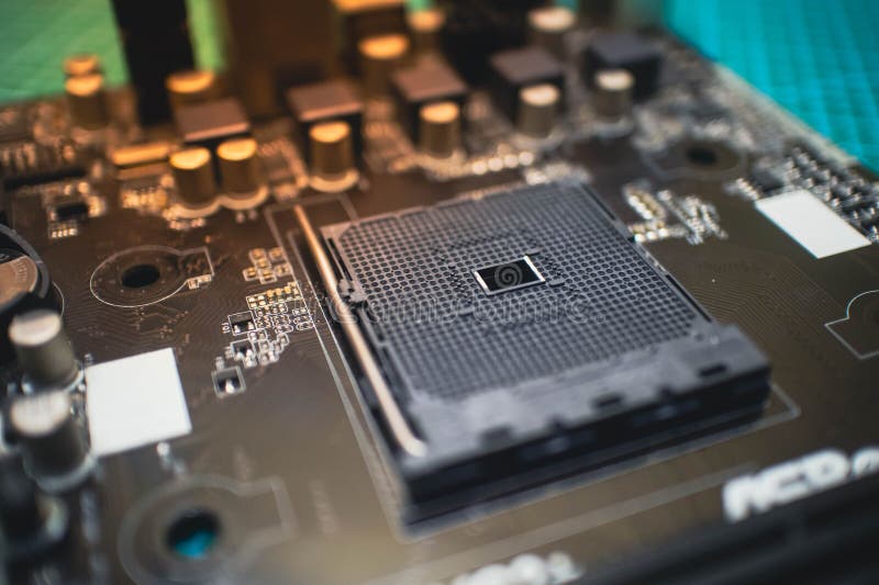 Black Motherboard CPU Socket Close Up, Circuit Board Technology. Stock ...