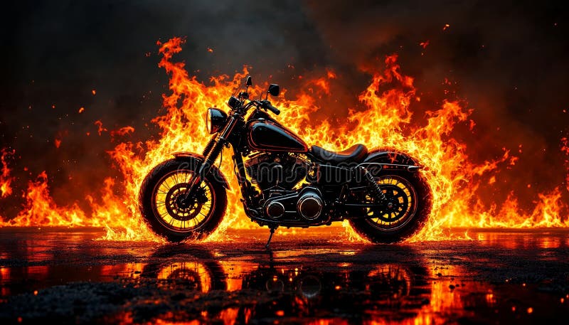 Black Motorcycle with Fiery Blaze Background Reflective Surface Stock ...