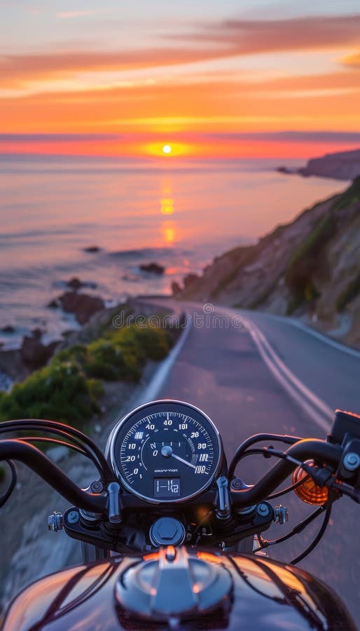 Black Motorcycle Speedometer with Ocean Sunset and Open Road a Captivating Adventure Scene Stock ...