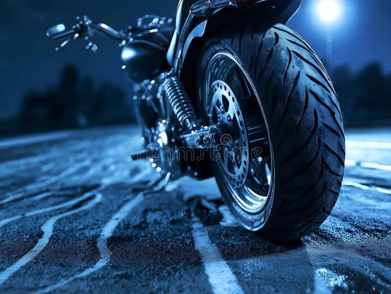 A Black Motorcycle with a Wheel Close Up, Showing Texture on a Wet Road ...