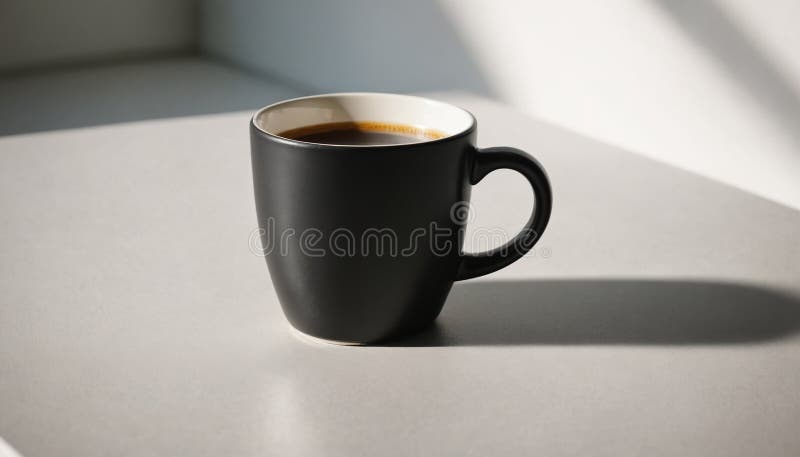 A Black Mug Casts a Shadow on a White Table Stock Image - Image of ...