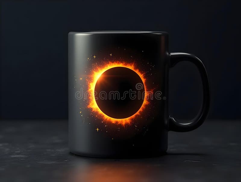 Black Mug Featuring a Glowing Solar Eclipse Design with a Vibrant ...