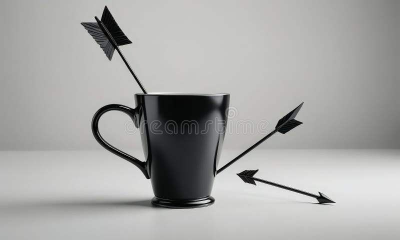Black Mug with Handle and Flag-like Object Rests on White Surface ...