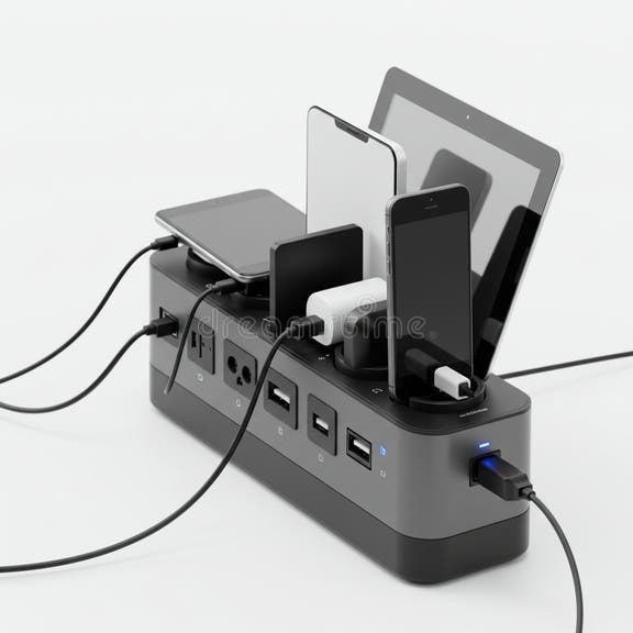 Black Multi-device Charging Station with Various Electronic Gadgets ...