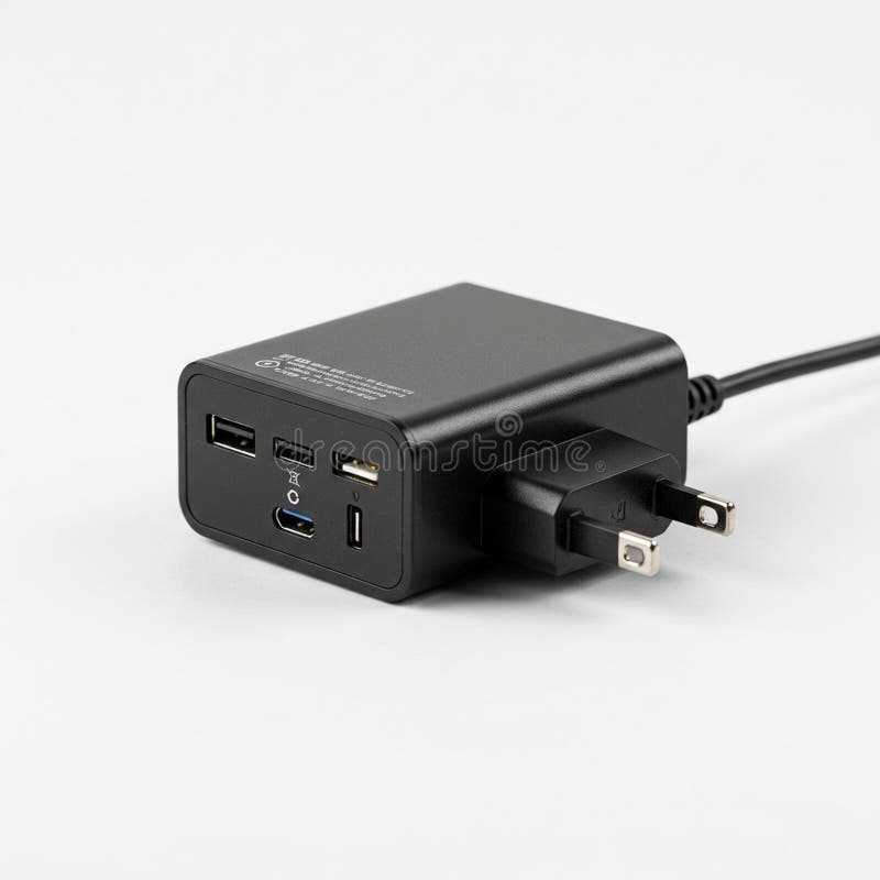 A Black Multi-port USB Charger with a Rectangular Body and Several ...