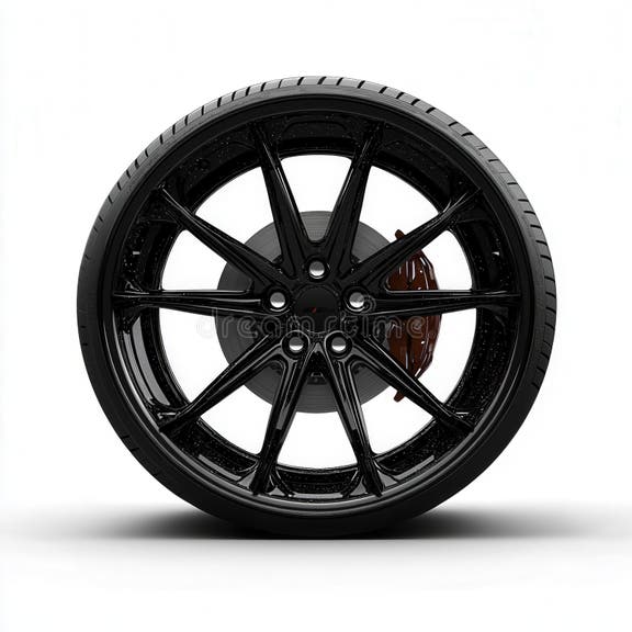 Black Multi-spoke Wheel with Red Caliper and Tire, 3D Render ...