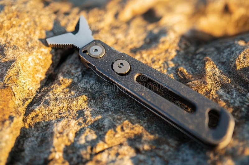 Black Multi-Tool with a Silver Blade Lying on a Rough Stone Surface ...