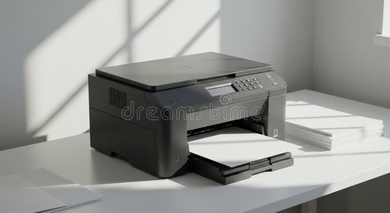 A Black Multifunction Printer Sits on a White Desk, Positioned Near a ...