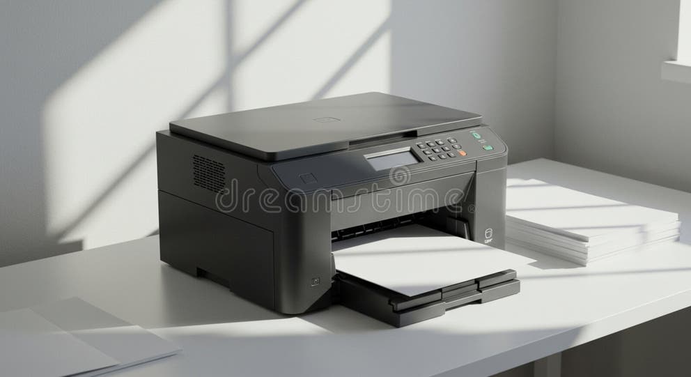 A Black Multifunction Printer Sits on a White Desk, Positioned Near a ...