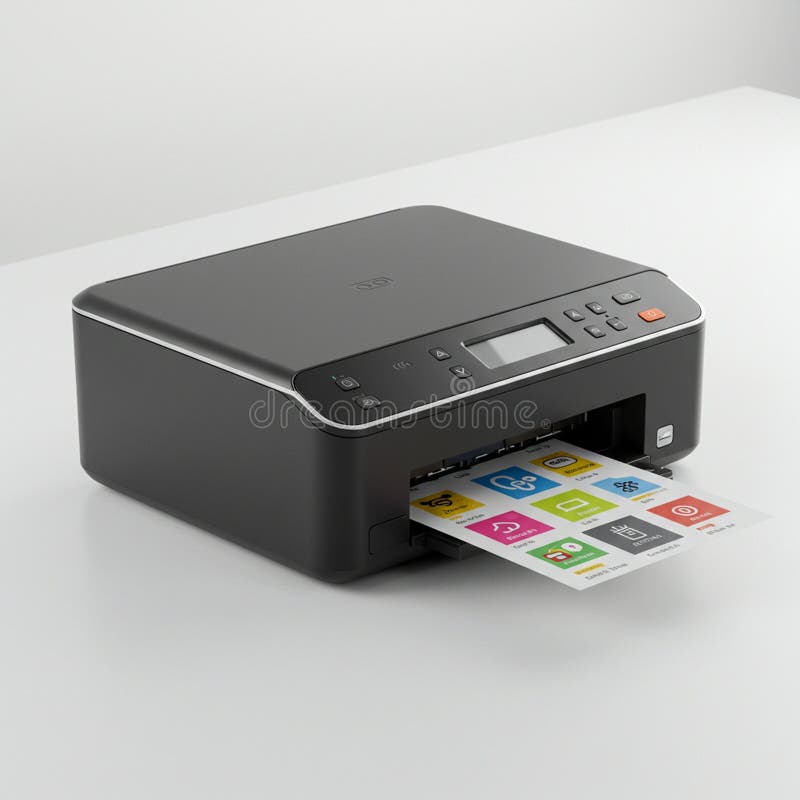 A Black Multifunction Printer is Situated on a White Surface, with a ...