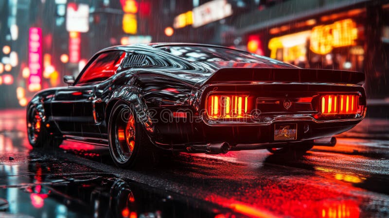 Black Muscle Car in Rain at Night City Stock Illustration ...