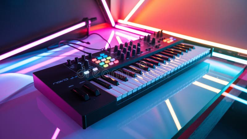 Music Keyboard Synth Studio Production Neon Lights Stock Illustration ...