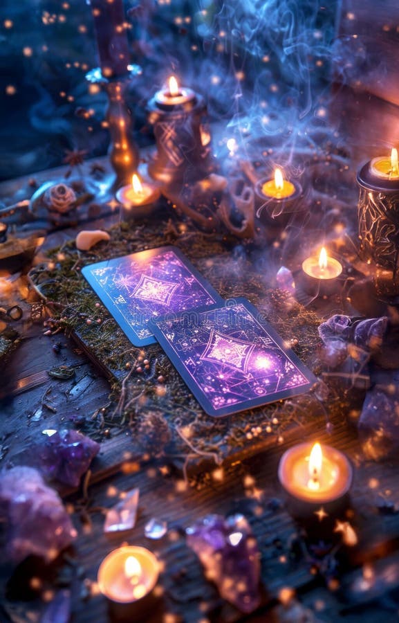 A Black Mystical Table Setup with Tarot Cards Stock Photo - Image of ...