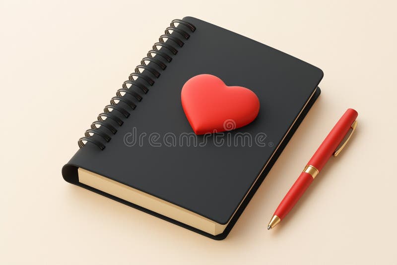 Black Notebook with Heart Icon and Red Pen on Soft Background for ...
