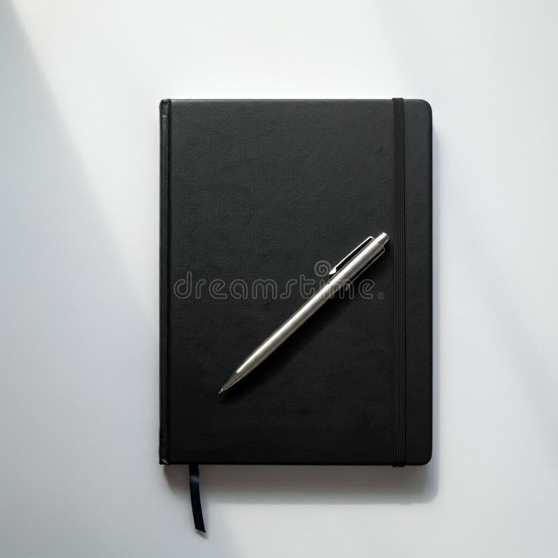 A Black Notebook with a Smooth, Textured Cover Lies on a White Surface ...